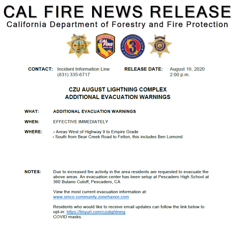UPDATED EVACUATION ORDERS AND WARNINGS- CZU AUGUST LIGHTNING COMPLEX. Aug 19, 2020. Afternoon ...